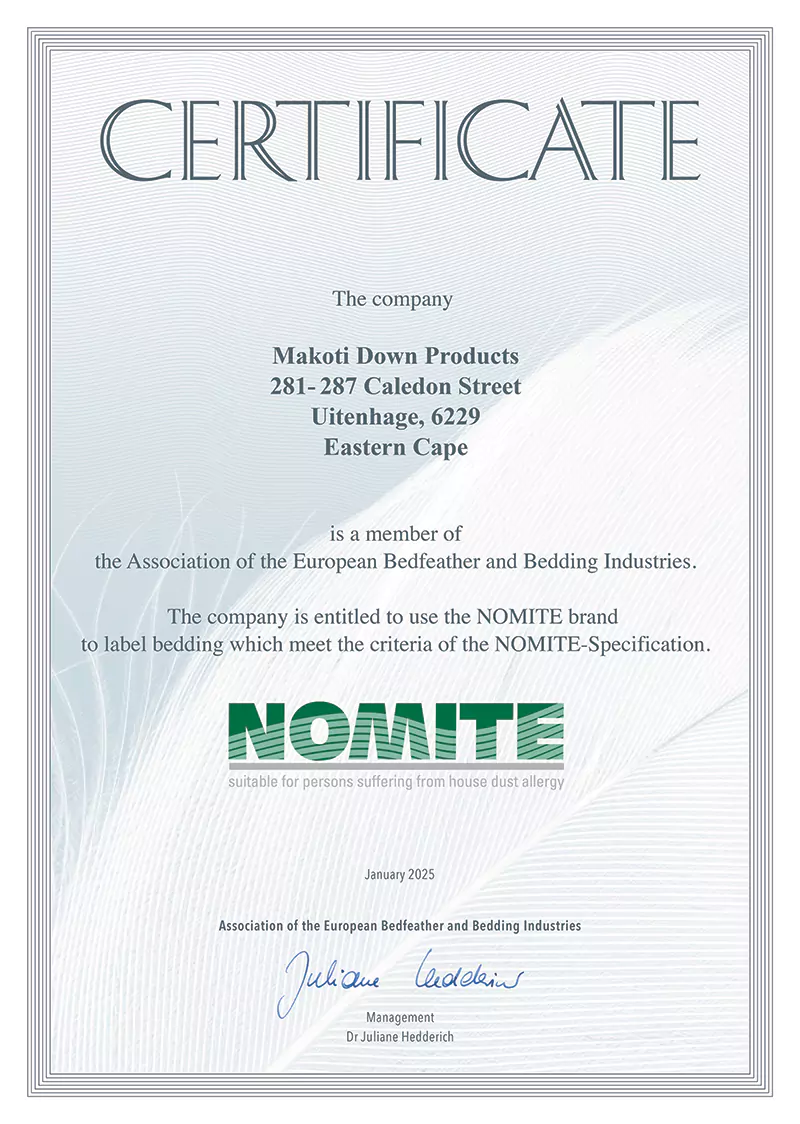 Down Products - NOMITE Certificate - Makoti Down Products